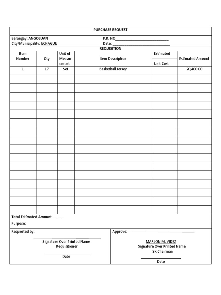 SK Purchase Request Sample Form | PDF