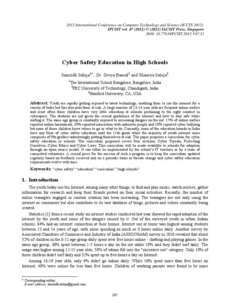 Cyber Safety Education in High Schools: Samridh Saluja, Dr. Divya ...