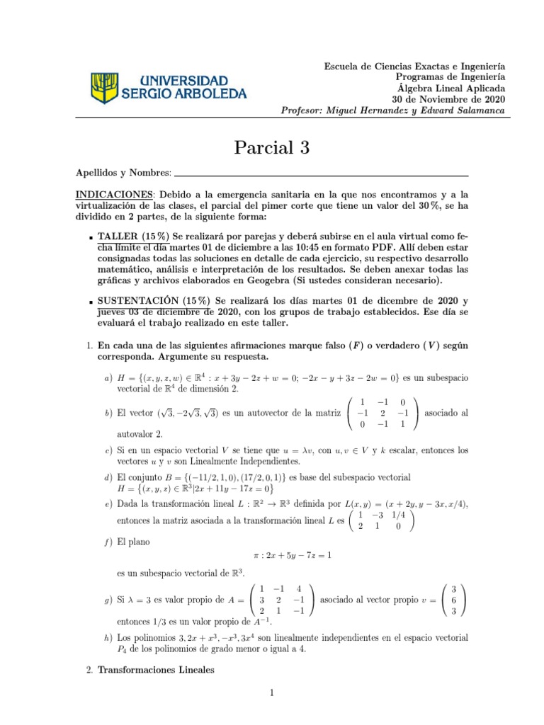 Tercer Parcial Lgebra Lineal Aplicada 11 1 PM | PDF | Mapa lineal | Valores propios y vectores ...