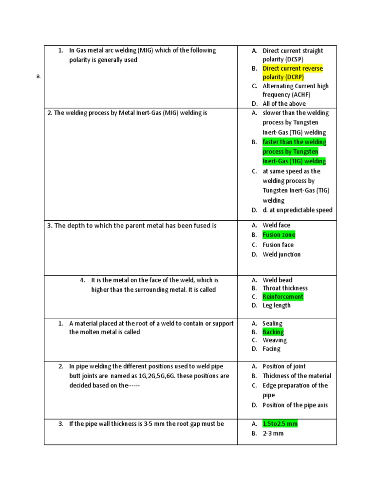 GMAW Welding MCQs and Answers | PDF | Welding | Construction
