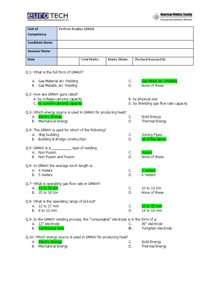 GMAW Welding: MCQs and Answers | PDF | Welding | Construction