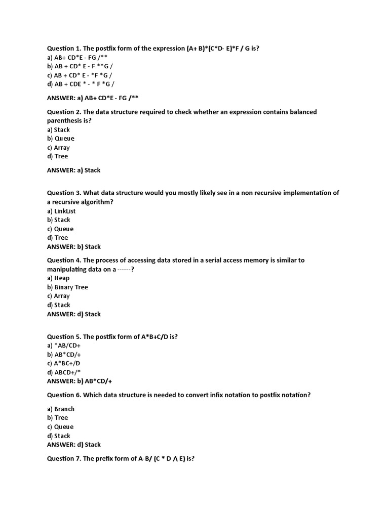 Infix To Postfix MCQ | PDF | Array Data Structure | Notation
