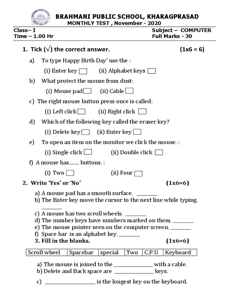 Tick ( ) The Correct Answer. (1x6 6) : Brahmani Public School ...