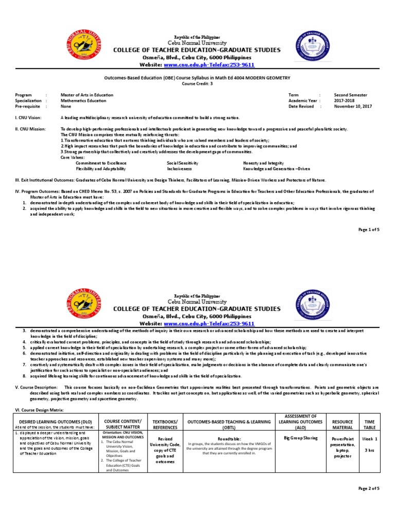 Math 4004 Modern Geometry Syllabus | PDF | Geometry | Hyperbolic Geometry