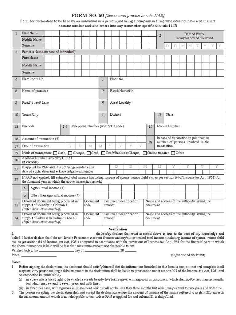 Form No. 60: (See Second Proviso To Rule 114B) | PDF | Identity ...