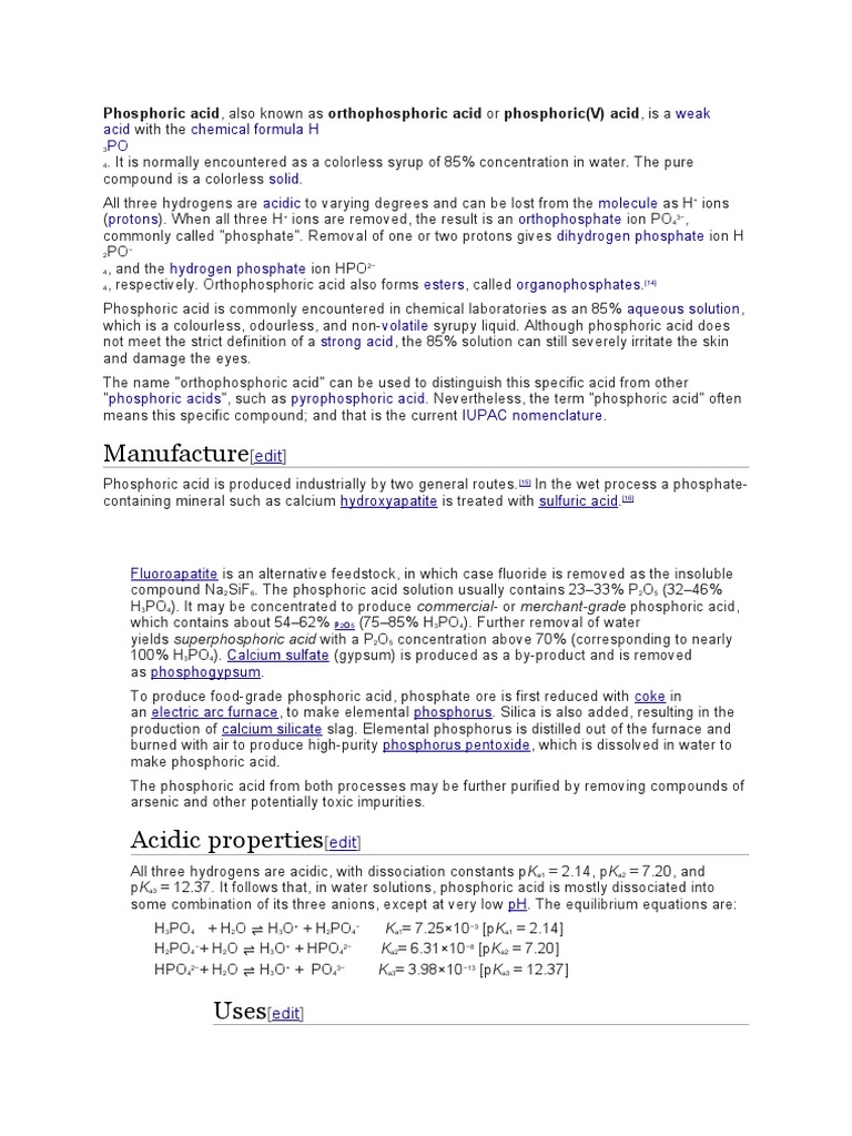 Manufacture: Phosphoric Acid, Also Known As Orthophosphoric Acid or ...