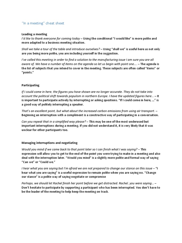 "In A Meeting" Cheat Sheet | Download Free PDF | Psychological Concepts