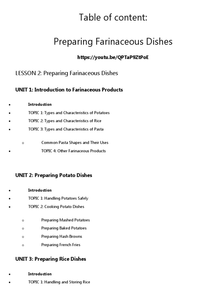 Preparing Farinaceous Dishes Guide | PDF | Pasta | Potato