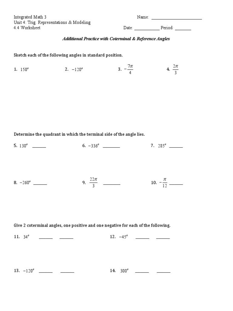 Additional Practice With Coterminal & Reference Angles | PDF | Angle ...