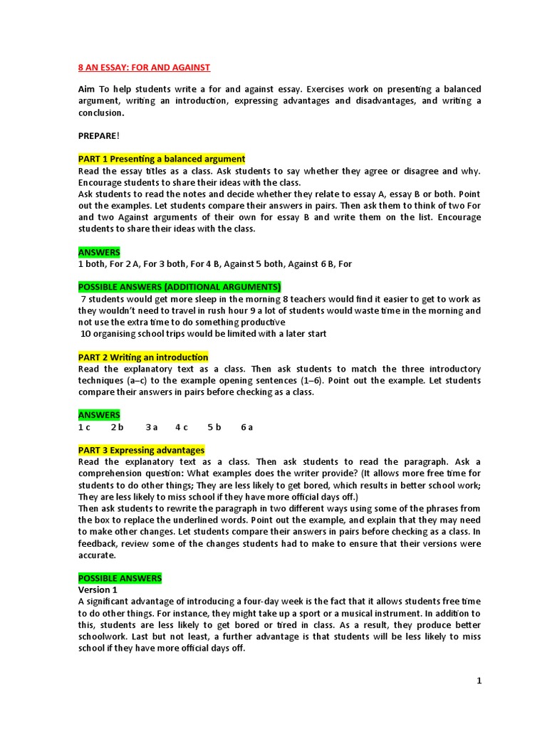 Key To Pre-Writing Exercises FOR AND AGAINST ESSAY and Writing ...