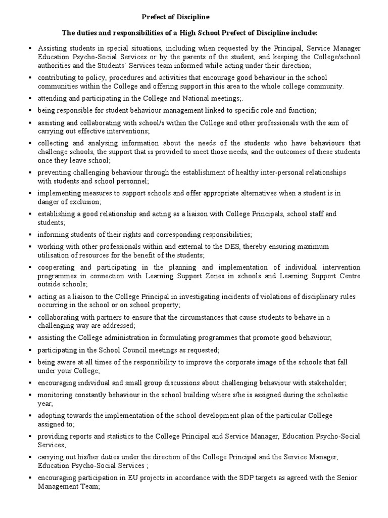 Job Description College Prefect of Discipline | PDF | Behavior | Policy