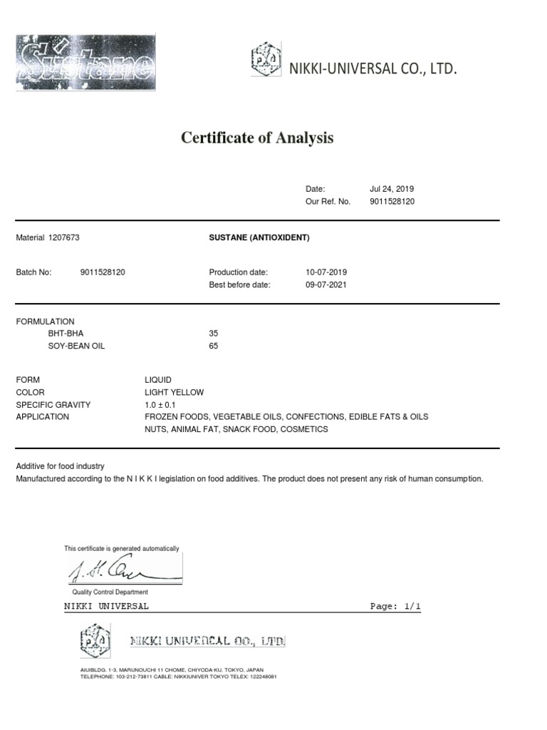 Certificate of Analysis for Sustane Antioxidant | PDF