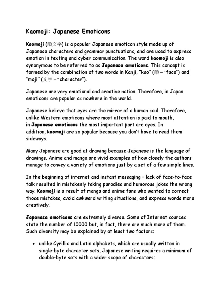 Kaomoji: Japanese Emoticons: Kaomoji (顔文字) is a popular Japanese emoticon style made up of | PDF ...
