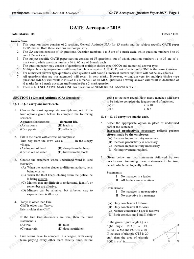 GATE Aerospace 2015 Paper PDF | PDF | Multiple Choice | Applied And ...