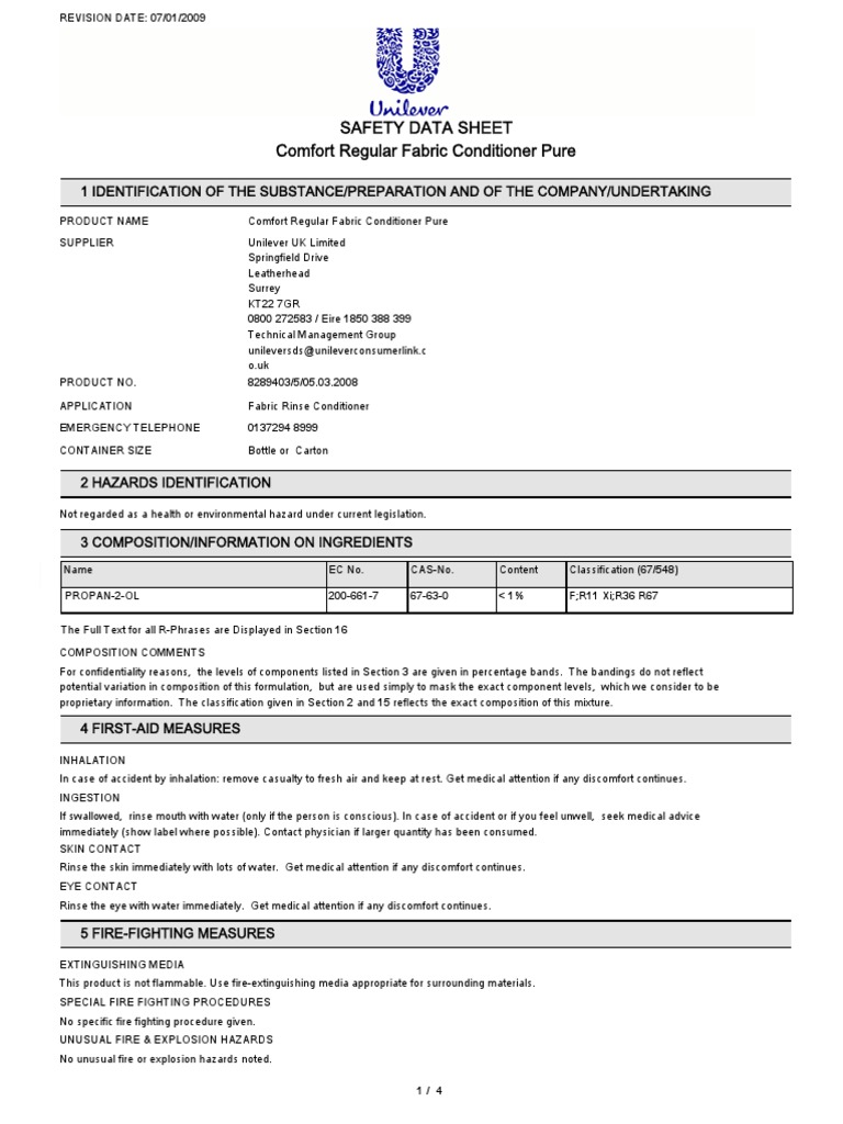 Comfort Fabric Conditioner MSDS PDF | PDF | Firefighting | Personal ...