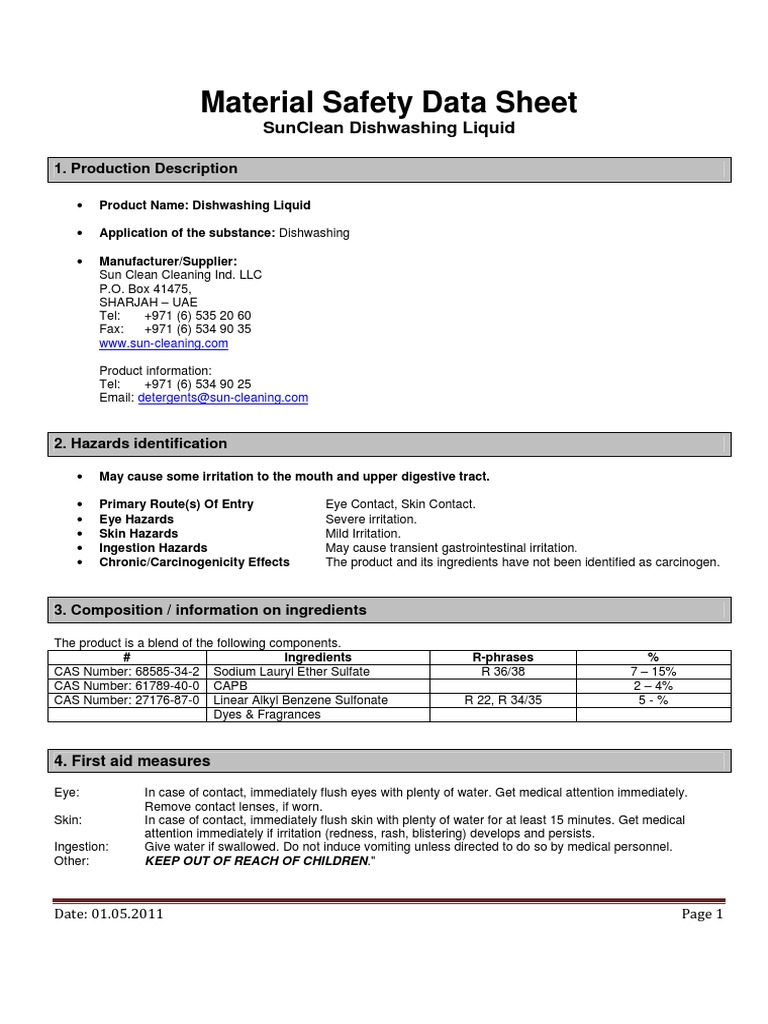 Dishwashing Liquid MSDS | Download Free PDF | Personal Protective ...