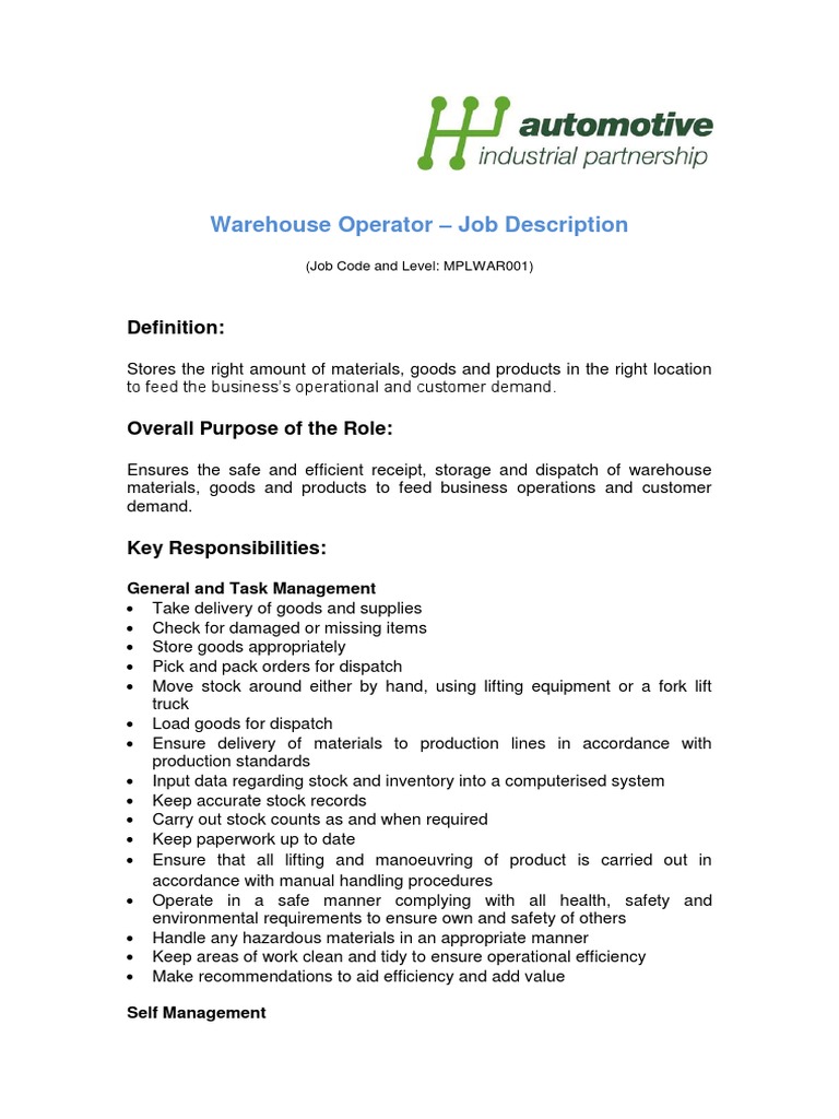 Warehouse Operator - Job Description: Definition | PDF | Safety | Warehouse