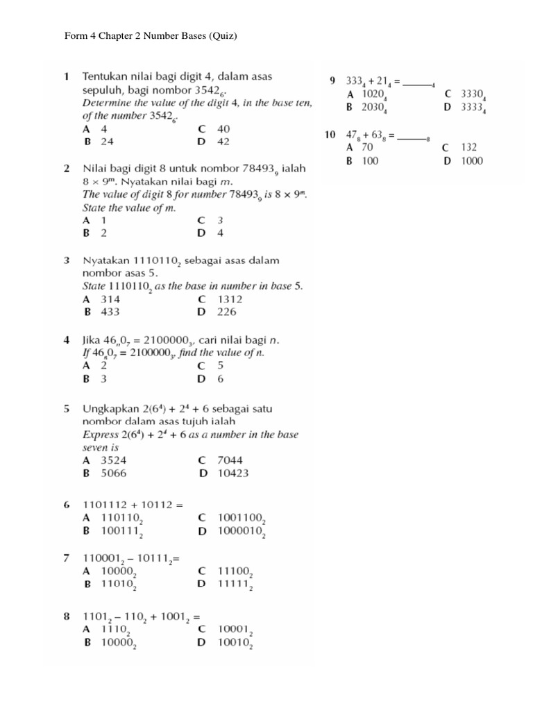 Form 4 Chapter 2 Number Bases Quiz | PDF
