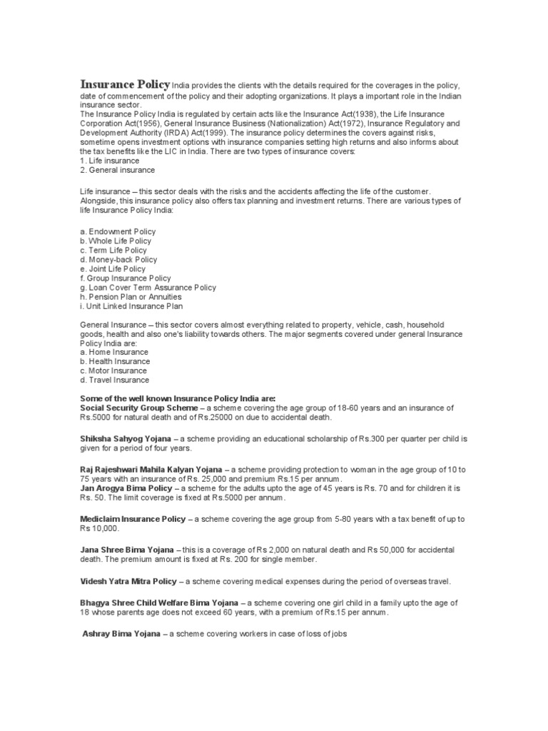 Comprehensive Guide to Insurance Policies in India | PDF