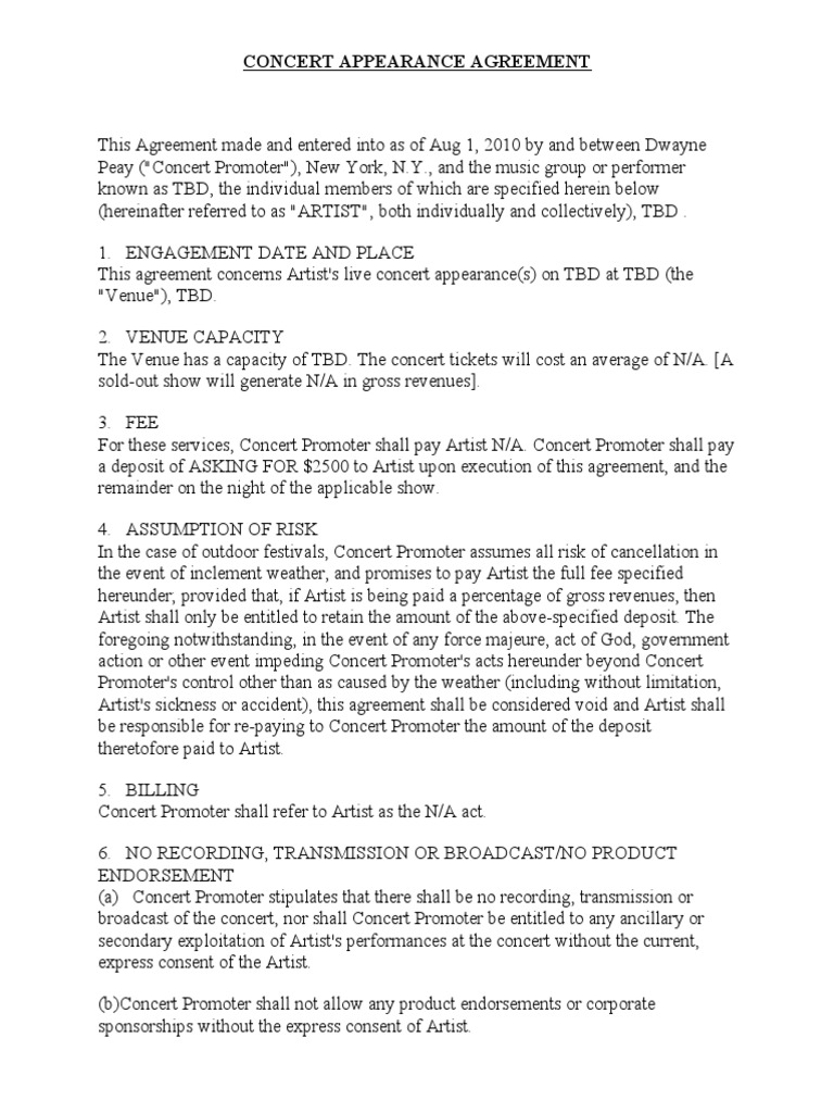 Concert Appearance Agreement | PDF | Business | Civil Law (Legal System)