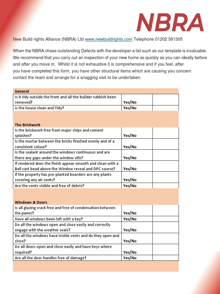 NBRA Snagging Template PDF | PDF | Bathroom | Wall