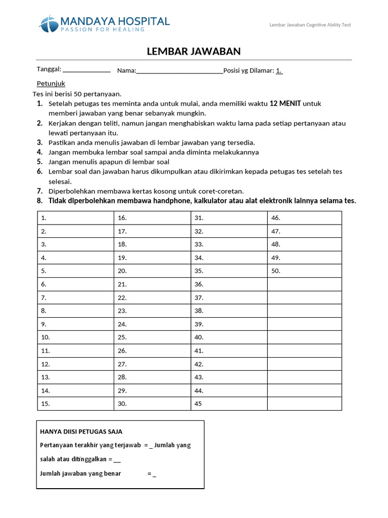Cognitive Test Answer Sheet-1 | PDF