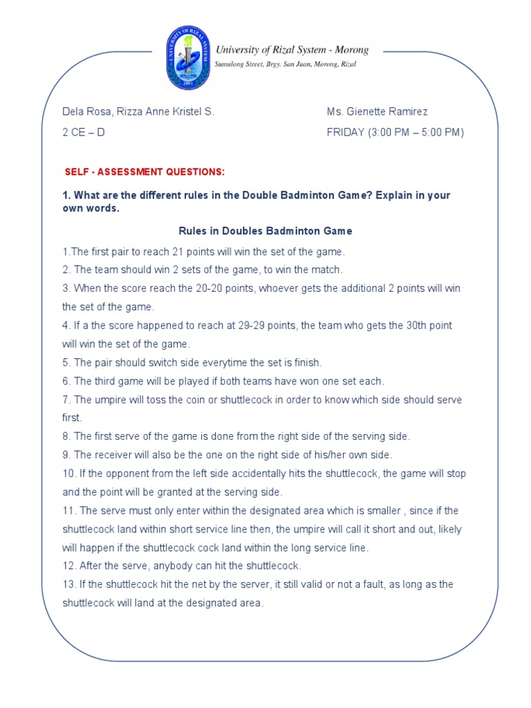 Badminton Rules (Singles and Doubles) | PDF | Racquet Sports | Sports
