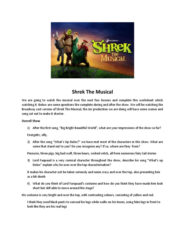 Shrek The Musical - Watch The Show Worksheet | PDF | Entertainment ...