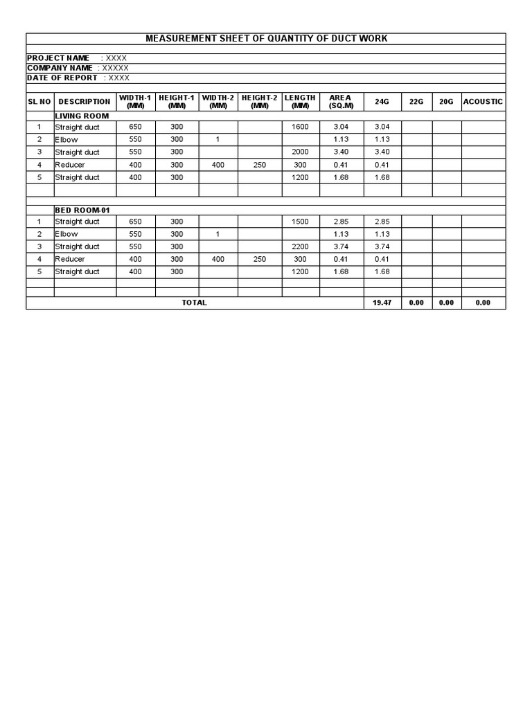 Measurement Sheet of Quantity of Duct Work: Straight Duct Elbow ...