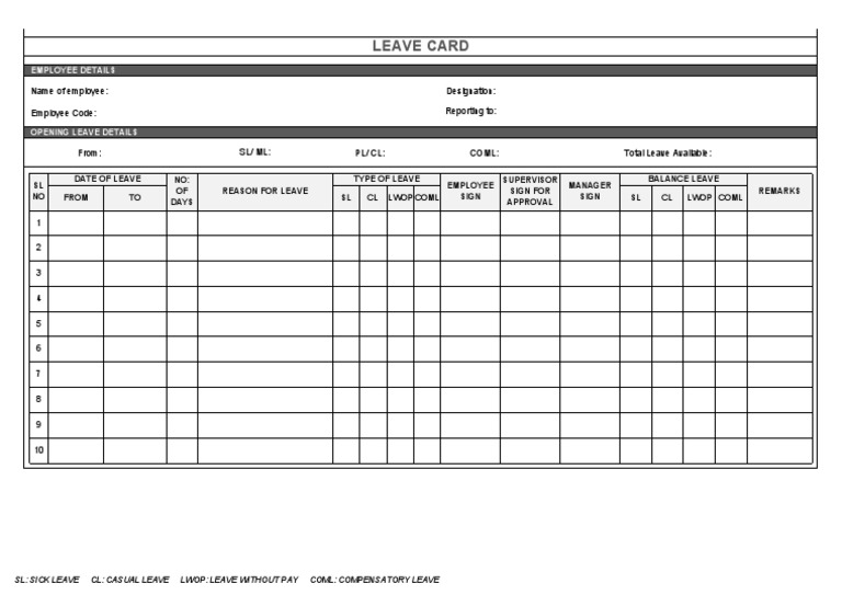 Leave Card: Designation: Reporting To: Name of Employee: Employee Code ...