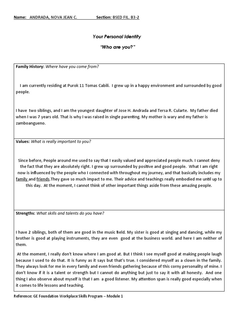 Personal Identity Activity | PDF