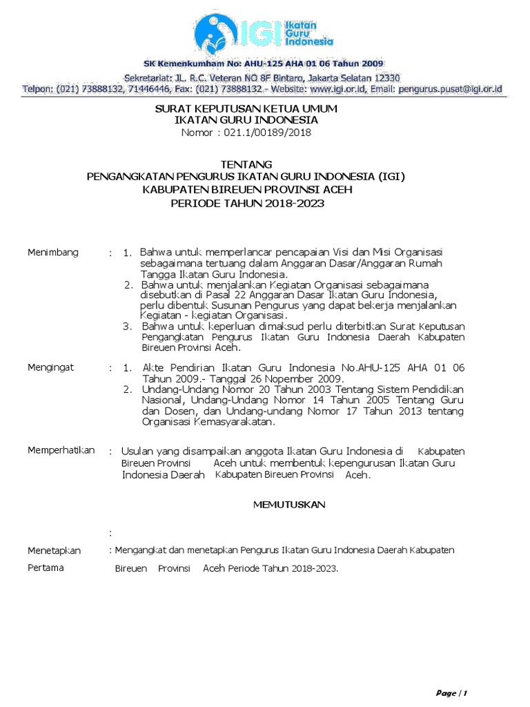 SK Pengurus IGI Kab. Bireuen 2018-2023 | PDF