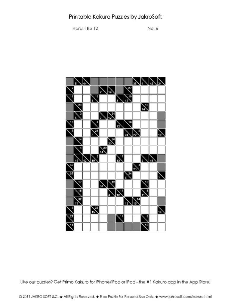 Printable Kakuro Puzzles by Jakrosoft: Hard, 18 X 12 No. 6 | PDF