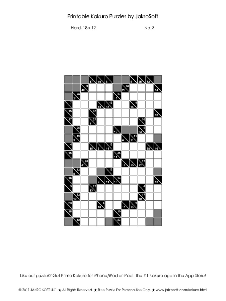 Printable Kakuro Puzzles by Jakrosoft: Hard, 18 X 12 No. 3 | PDF