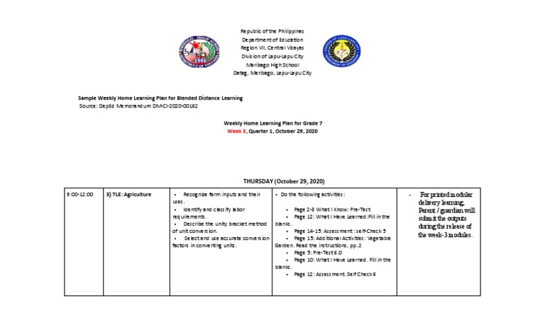 Sample Weekly Home Learning Plan For Blended Distance Learning | PDF ...