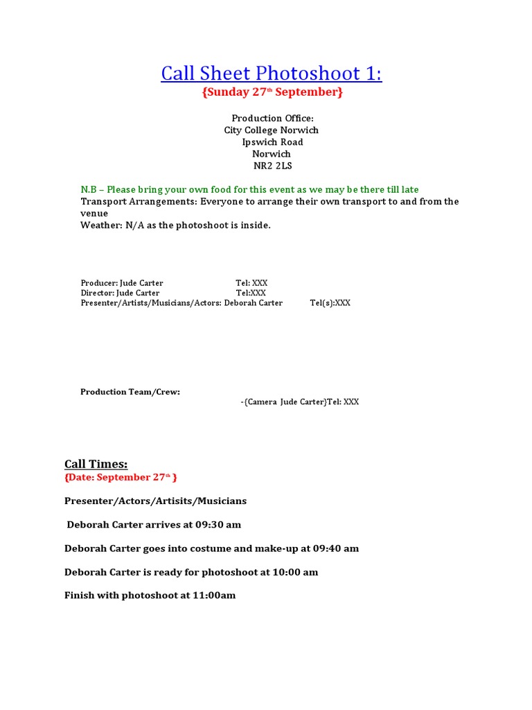 Call Sheet Photoshoot 1:: (Sunday 27 September) | PDF