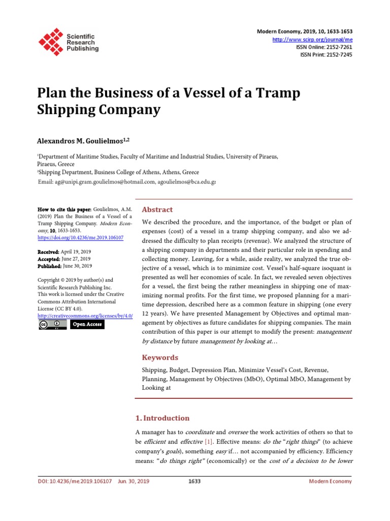 Plan The Business of A Vessel of A Tramp Shipping Company: Alexandros M ...