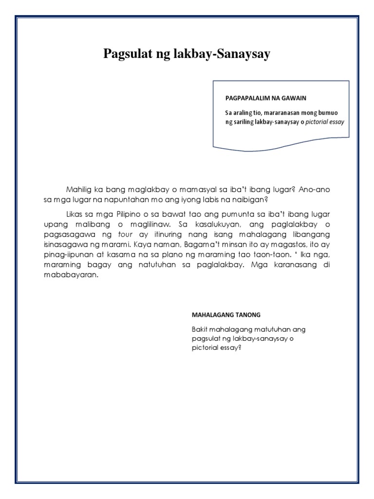 Pagsulat NG Lakbay-Sanaysay: Pagpapalalim Na Gawain | PDF