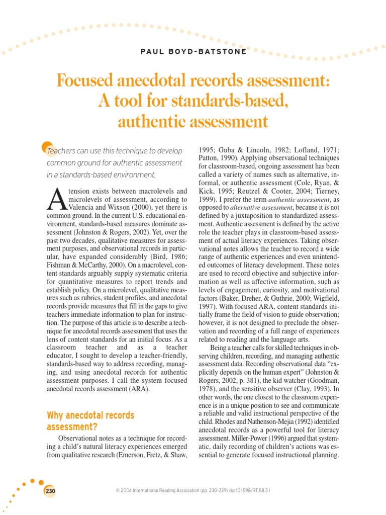 Focused Anecdotal Records Assessment: A Tool For Standards-Based ...