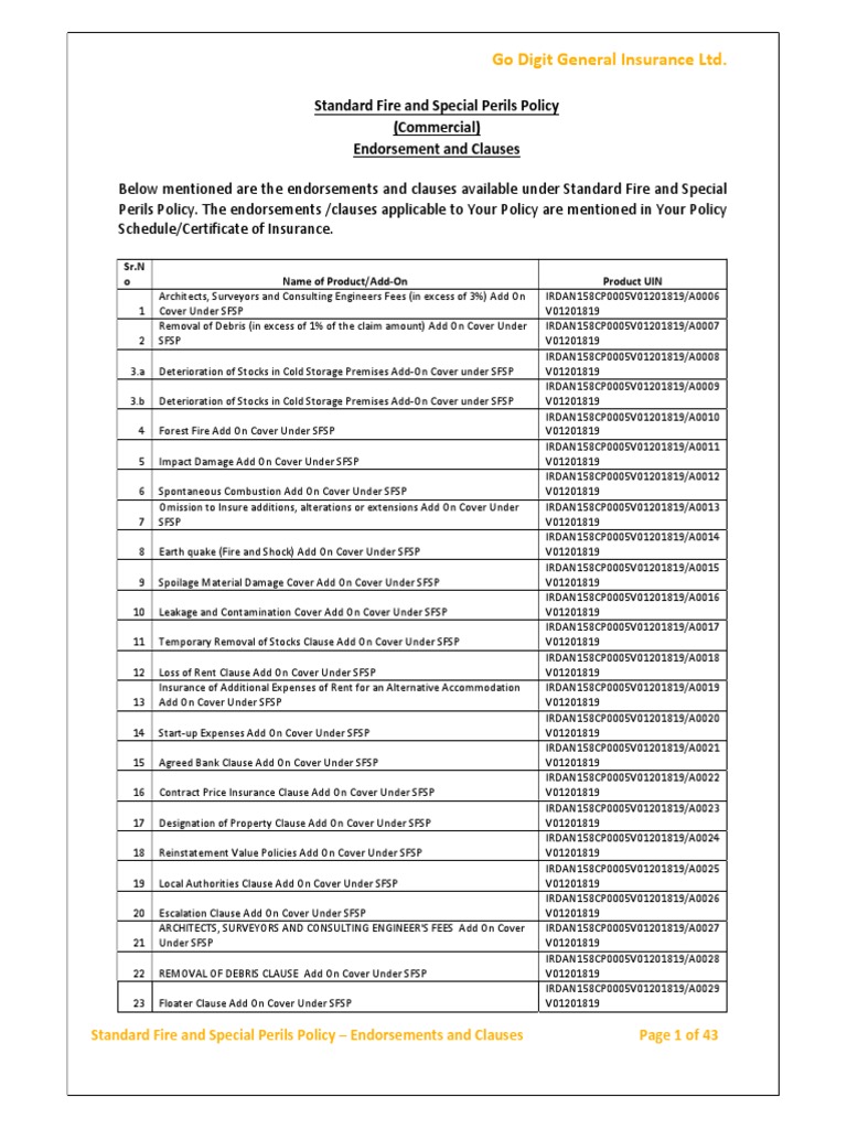 Standard Fire and Special Perils (Commercial) - Endorsement | PDF ...