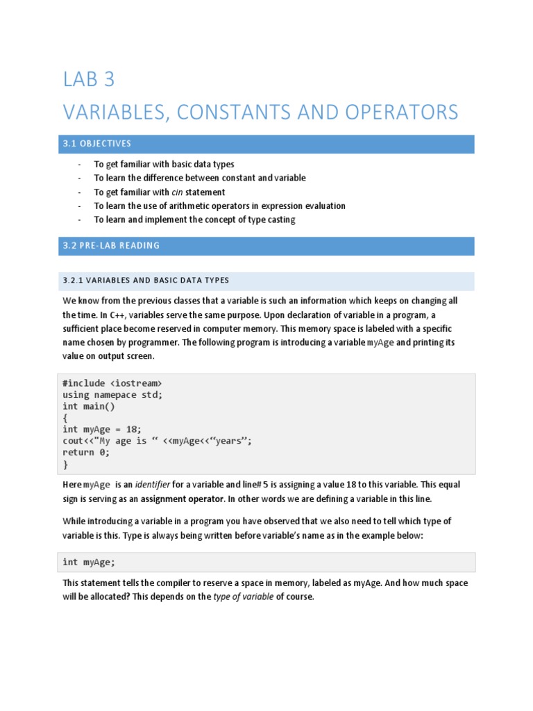 Lab 3 Variables Constants And Operators 31 Objectives Pdf Integer Computer Science