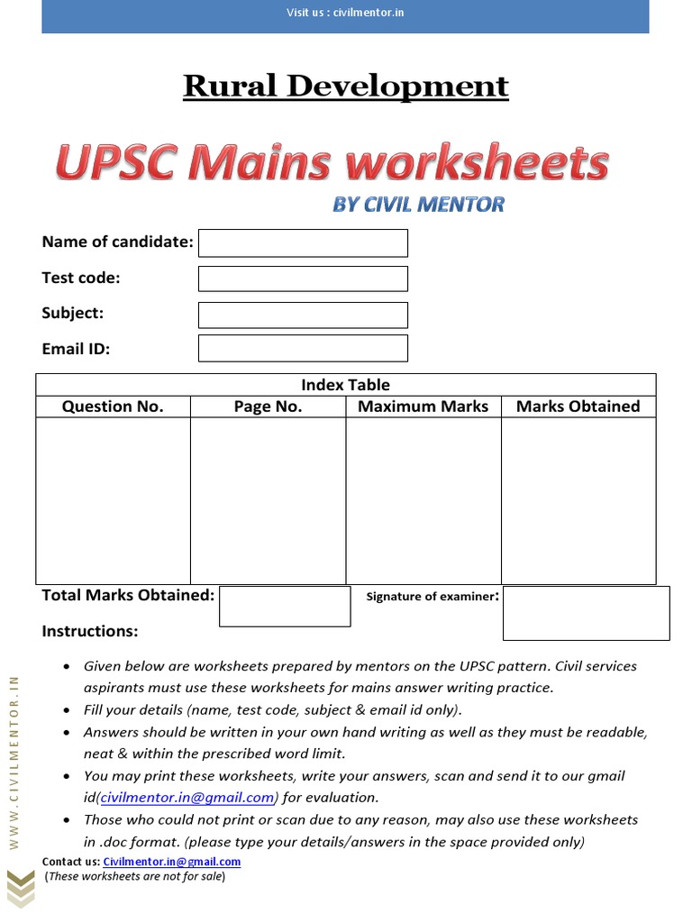 UPSC Mains Worksheets Rural Development PDF | PDF | Business