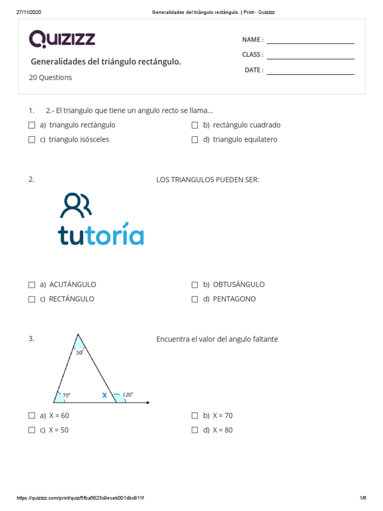 Generalidades Del Triángulo Rectángulo. - Print - Quizizz | PDF | Triángulo | Geometría Elemental
