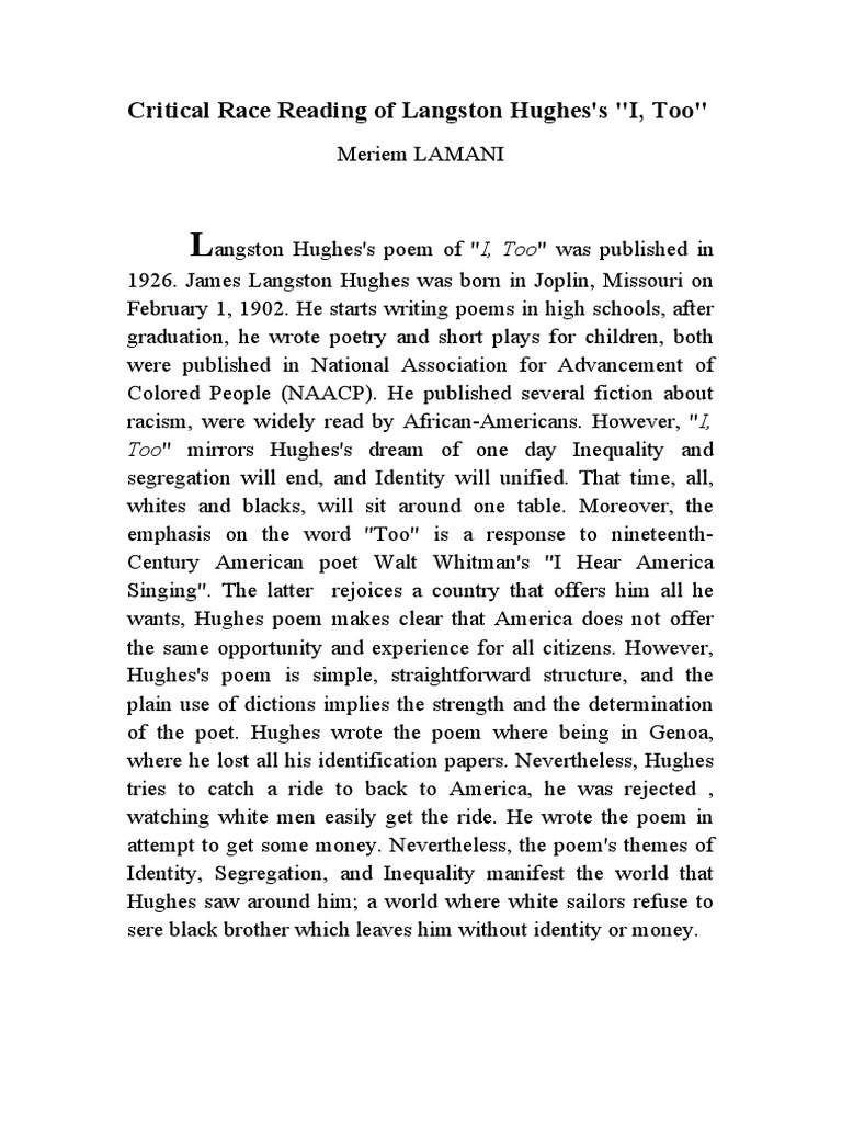 Critical Analysis of Hughes's "I, Too" | PDF | Critical Race Theory ...