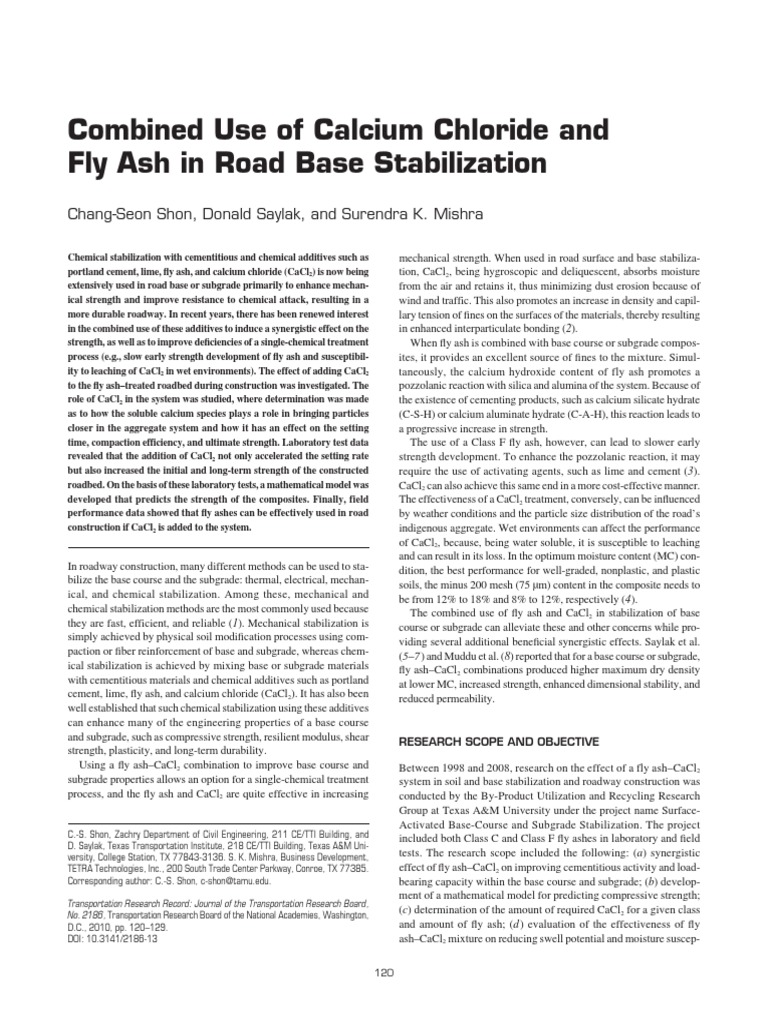 Combined Use of Calcium Chloride and Fly Ash in Road Base Stabilization ...