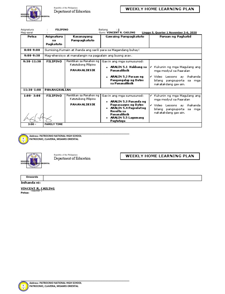 WEEKLY HOME LEARNING PLAN Filipino 8 Ikaapat Na Linggo | PDF