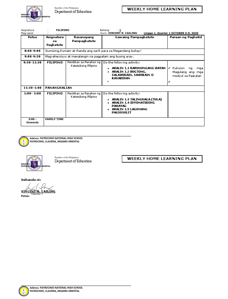 WEEKLY HOME LEARNING PLAN Filipino 8 Unang Linggo | PDF WEEKLY HOME LEARNING PLAN Filipino 8 Unang Linggo | PDF