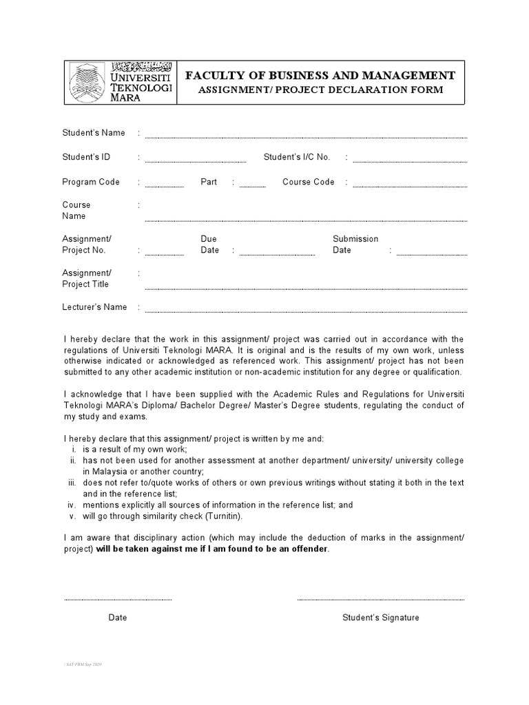 Assignment Project Declaration Form - FINAL | PDF