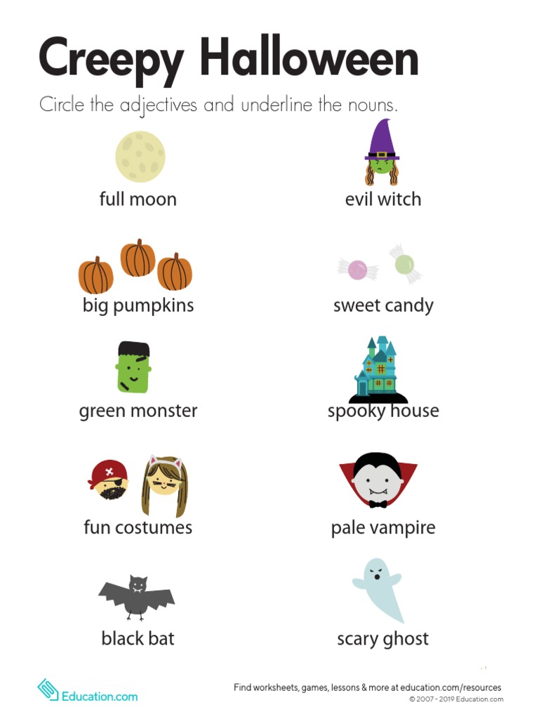 Creepy Halloween: Circle The Adjectives and Underline The Nouns | PDF