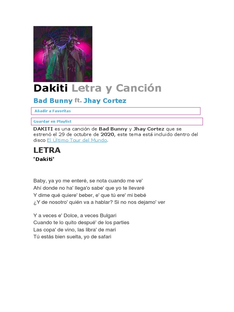 Letra de "Dakiti" de Bad Bunny y Jhay Cortez | PDF | Arte